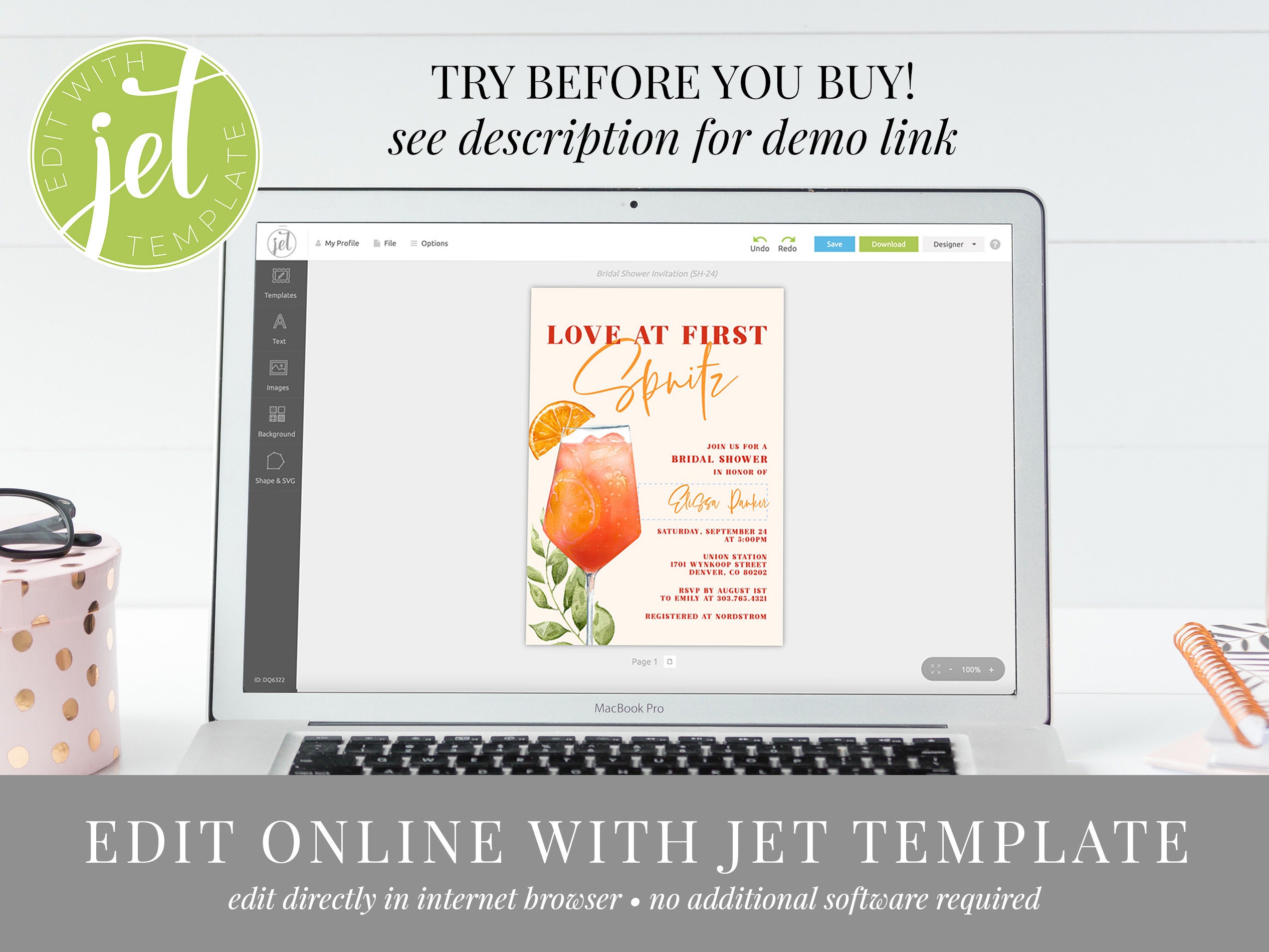 Love at First Spritz Bridal Shower Invitation Template, Printable ...