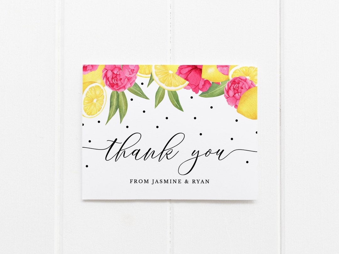 Lemons Pink Floral Thank You Card Template Download, Printable Bridal ...