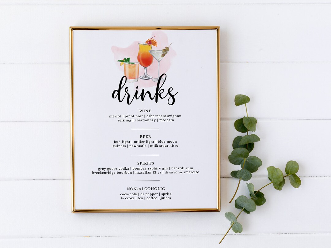 Wedding Bar Menu Printable Download Wedding Drinks Sign Menu - Etsy