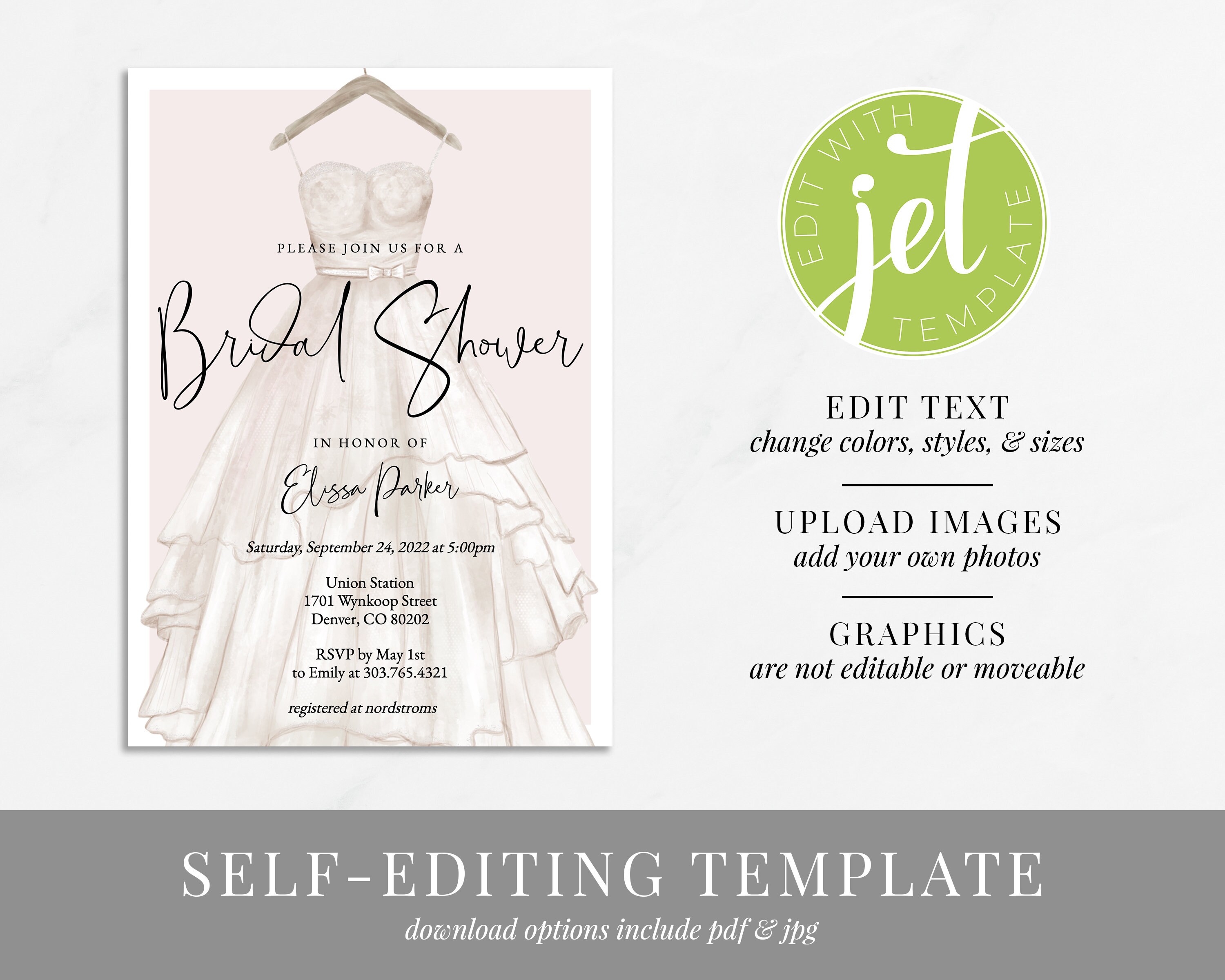 Wedding Dress Bridal Shower Invitation Template Editable | Etsy