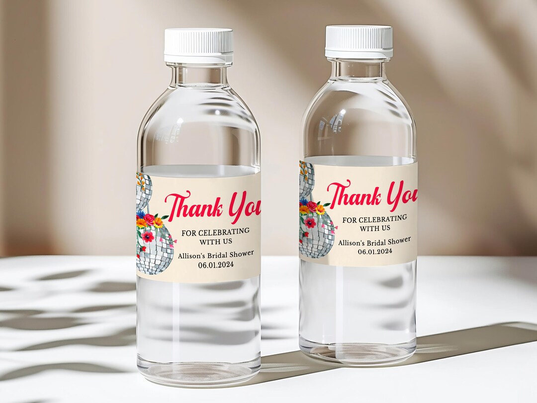 Floral Disco Ball Bridal Shower Water Bottle Label Template, Printable ...