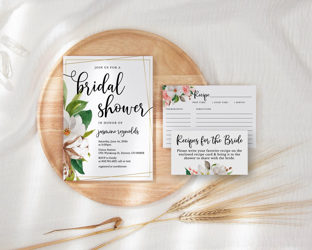 White Floral Bridal Shower Recipe Invitation Template, Printable Bridal ...
