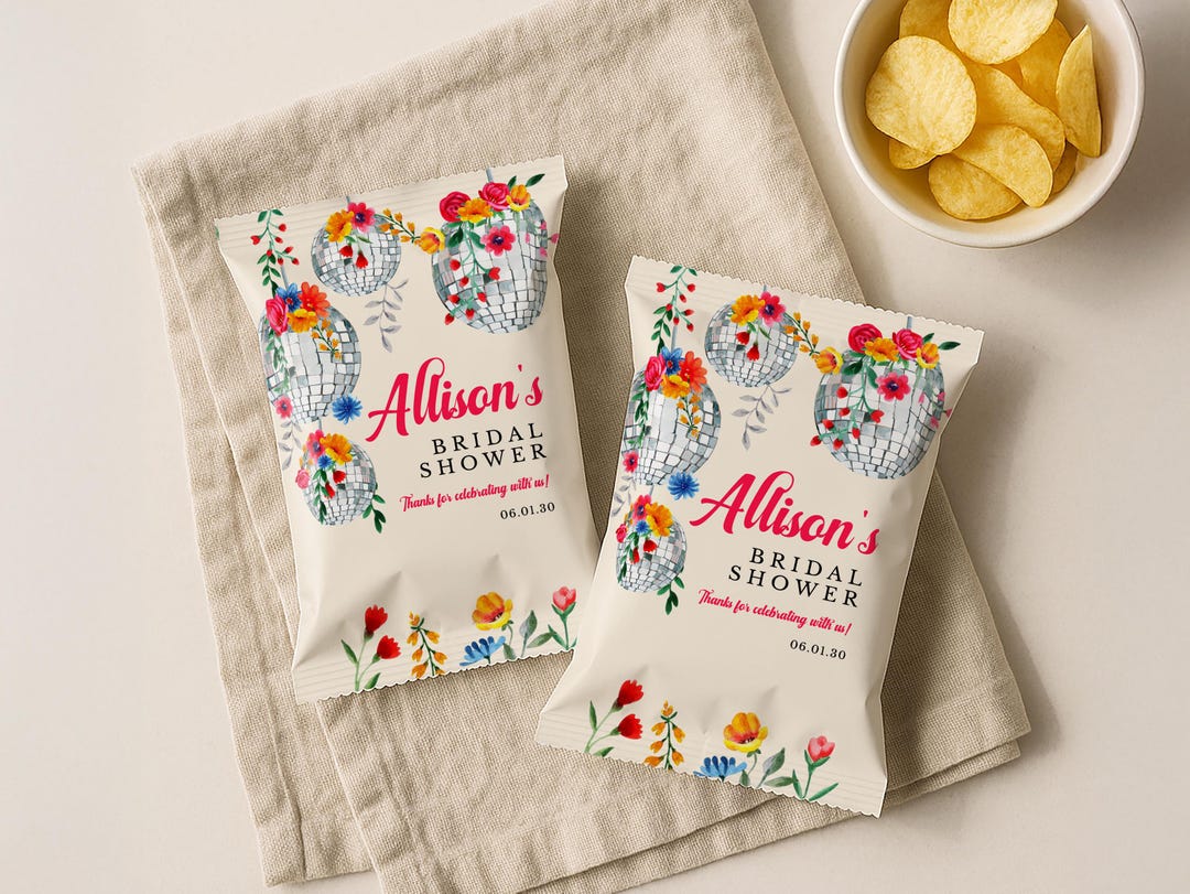 Floral Disco Chip Bag Template, Groovy Printable Bridal Shower Favor ...