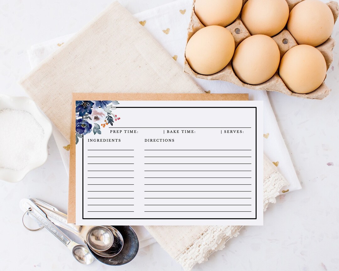 Navy Watercolor Floral Lined Recipe Card 4x6 Template, Printable Blank ...