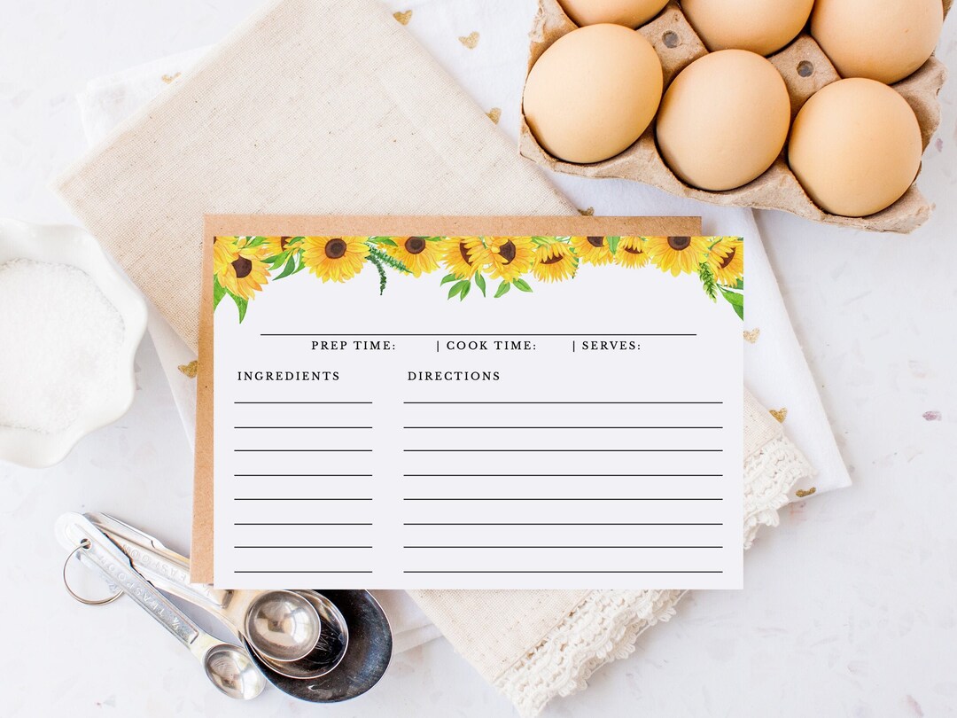 Sunflowers Recipe Card Printable, DIY 4x6 Recipe Card Template Download ...