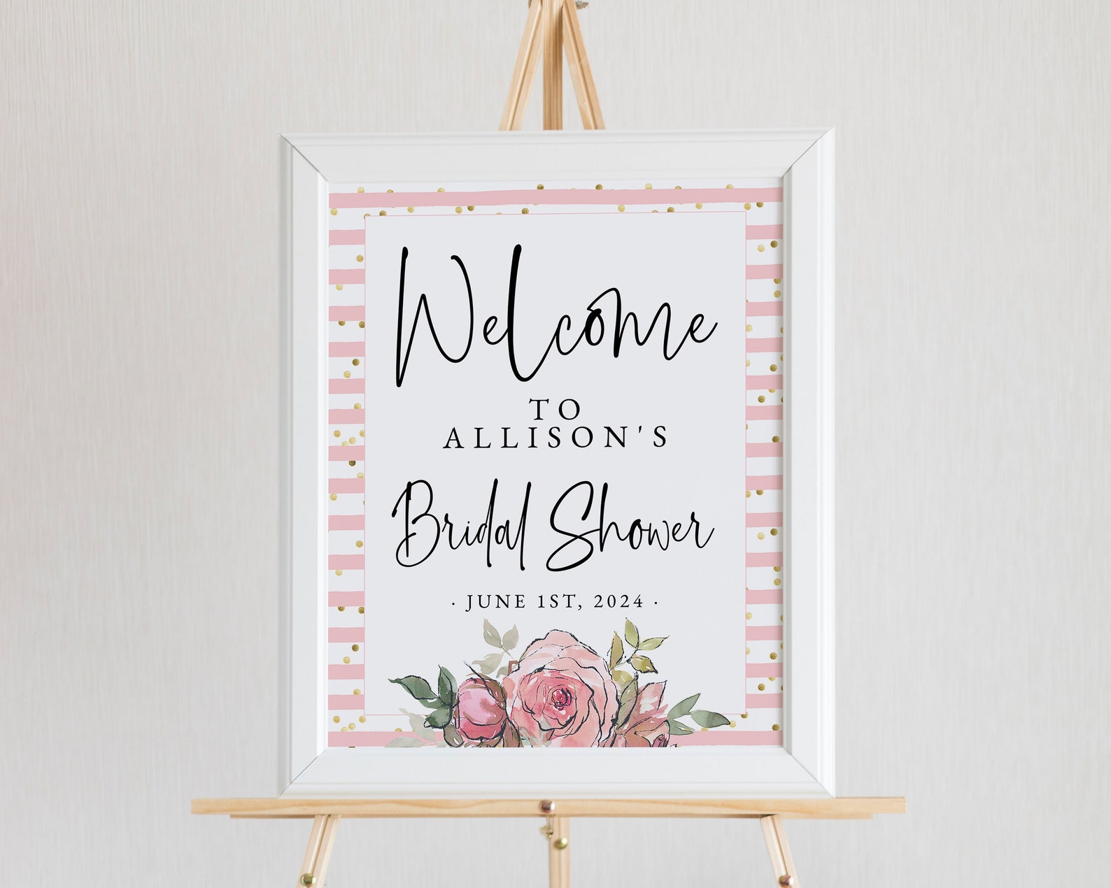 Pink Floral Stripes Welcome Sign Template Gold Polka Dot | Etsy