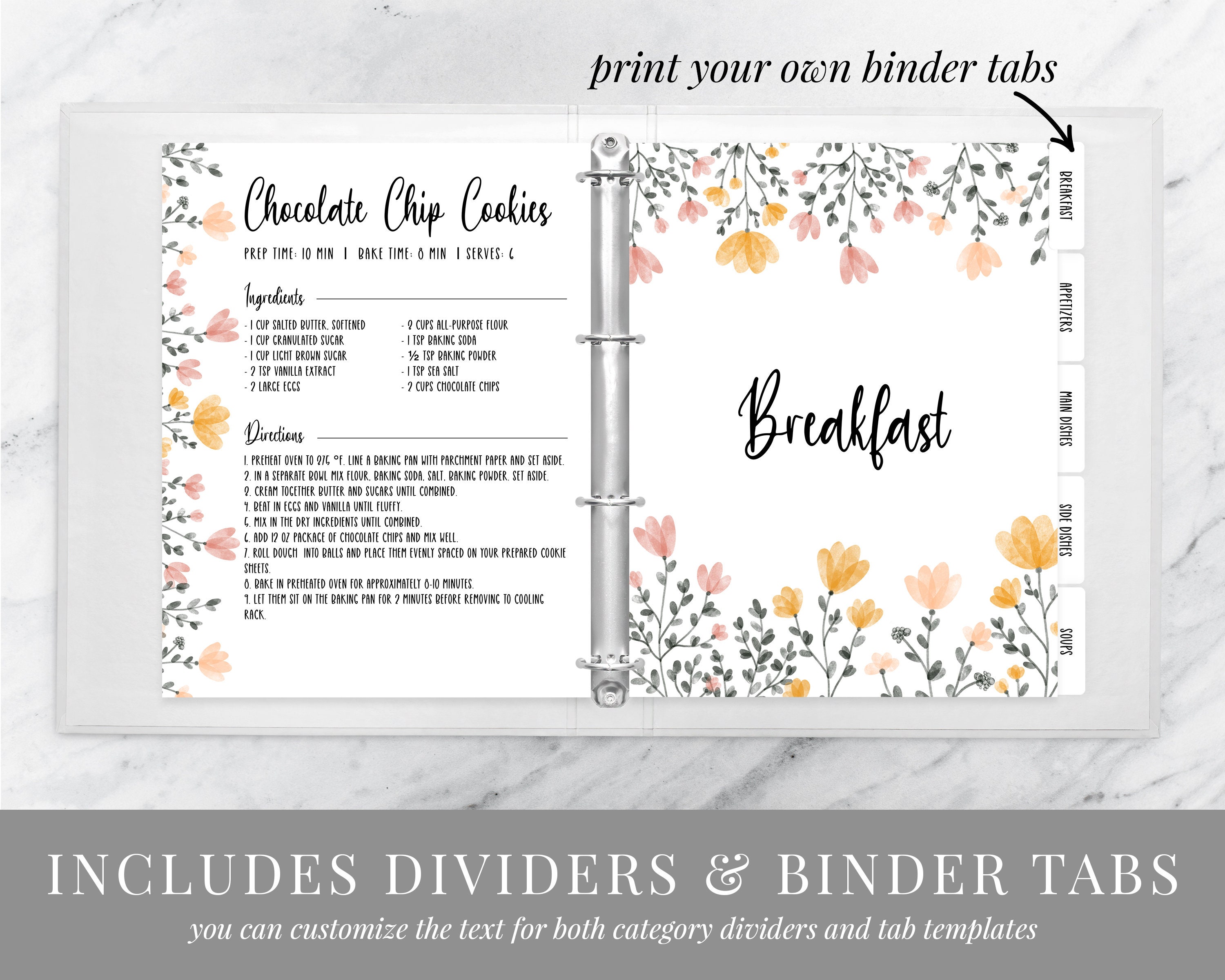 Watercolor Flowers Recipe Book Printable Family Recipe | Etsy
