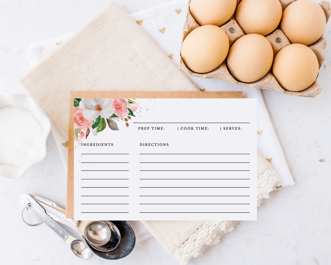 Floral Recipe Card Printable Template, Bridal Shower Recipe Card Insert ...