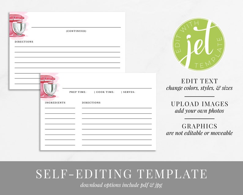 Pink Kitchen Mixer Blank Lined Printable Recipe Card Template - Etsy