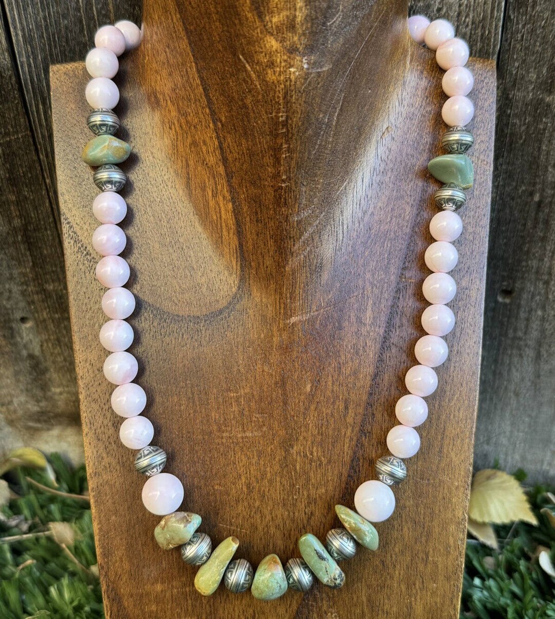 Sterling Silver Pink Conch Bead Green Turquoise Nuggets Pearls Necklace. 18 Inch - Etsy