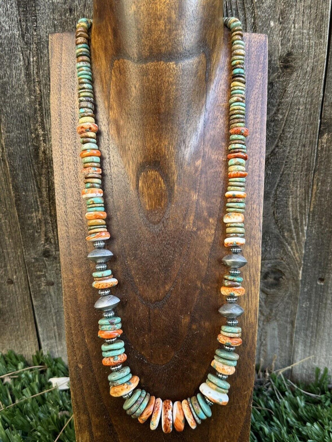 Sterling Silver Green Turquoise Spiny Oyster Multi Stone Bead Necklace ...