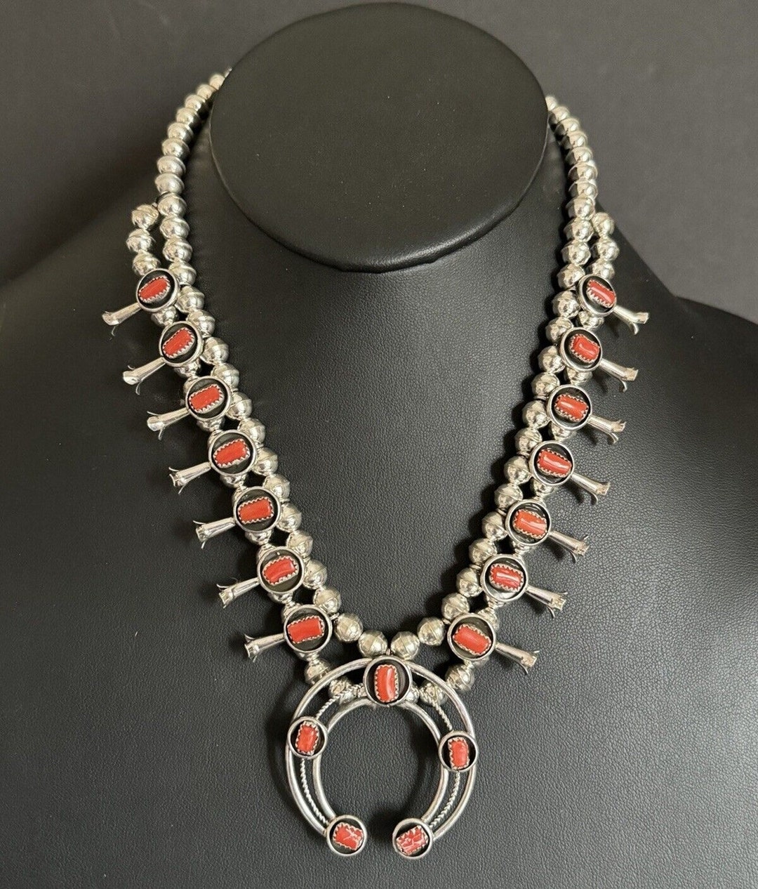 Mini Squash Blossom Sterling Silver Red Coral Shadow Box Necklace Set ...
