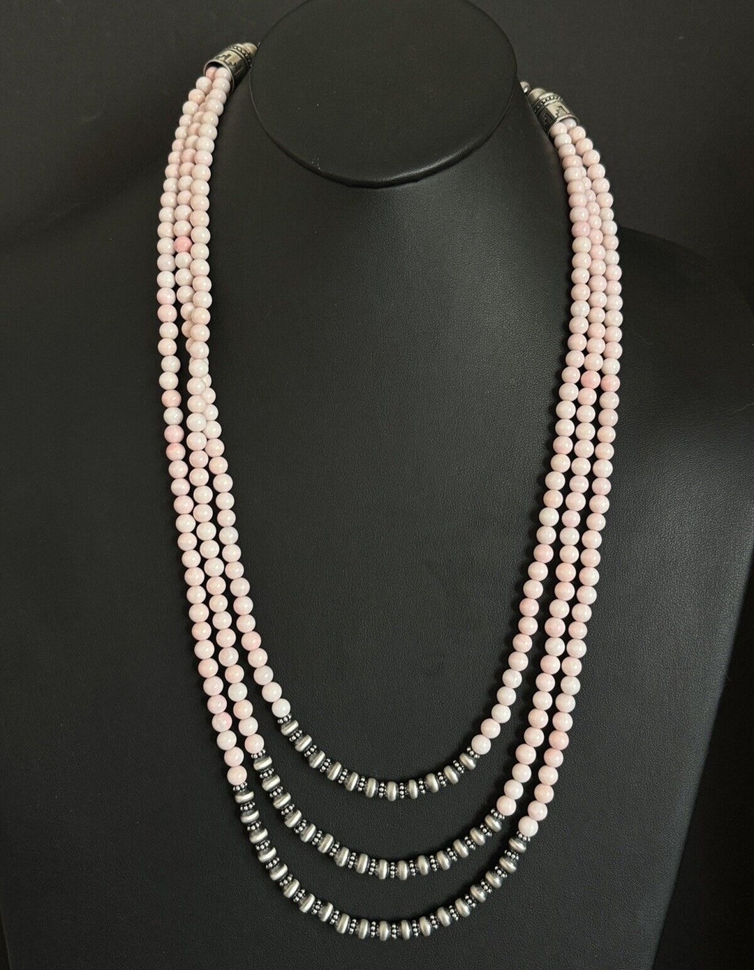 Sterling Silver Pink Conch Pearls Multi Strand Layered Bead Necklace ...