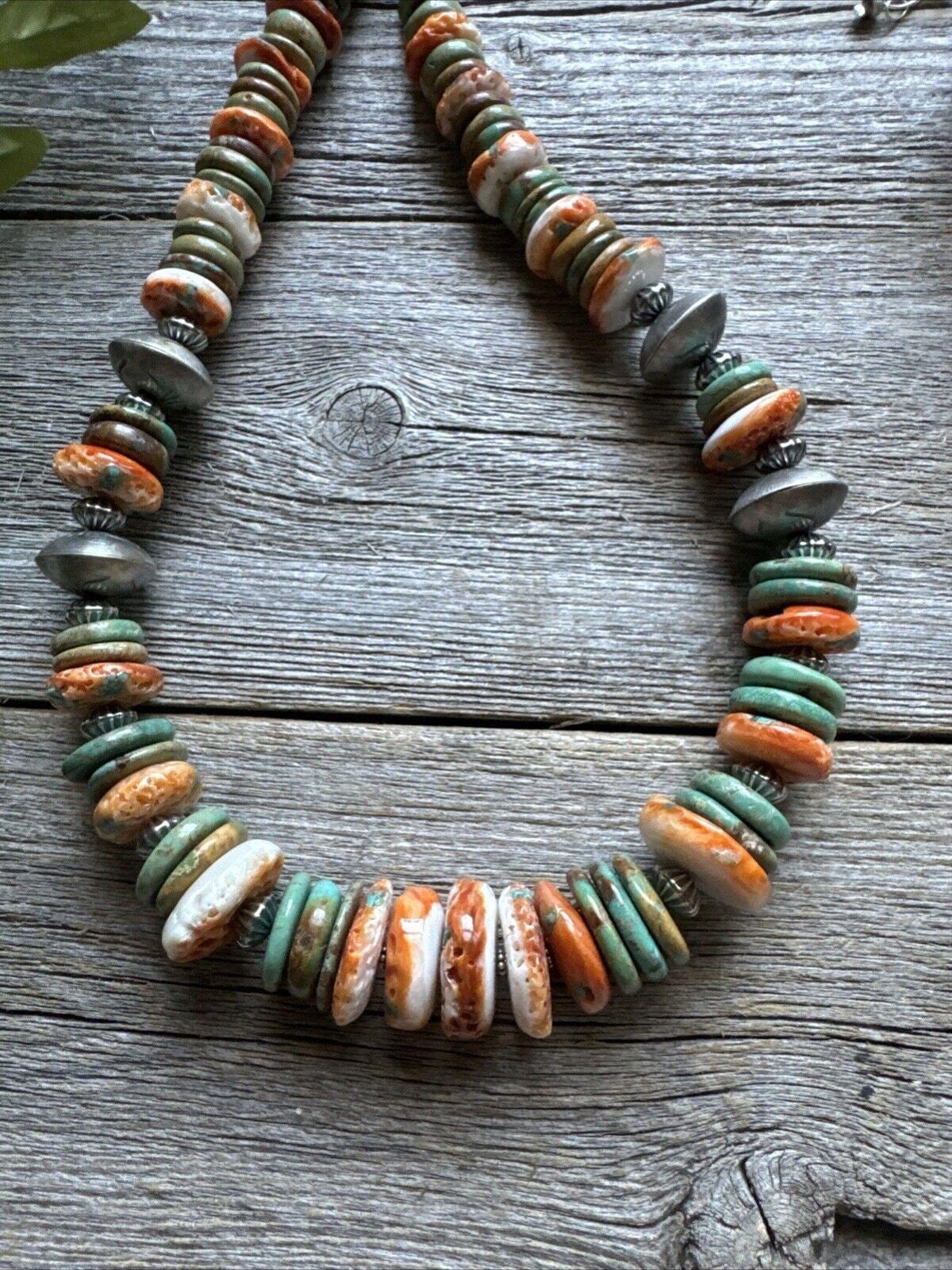 Sterling Silver Green Turquoise Spiny Oyster Multi Stone Bead Necklace ...