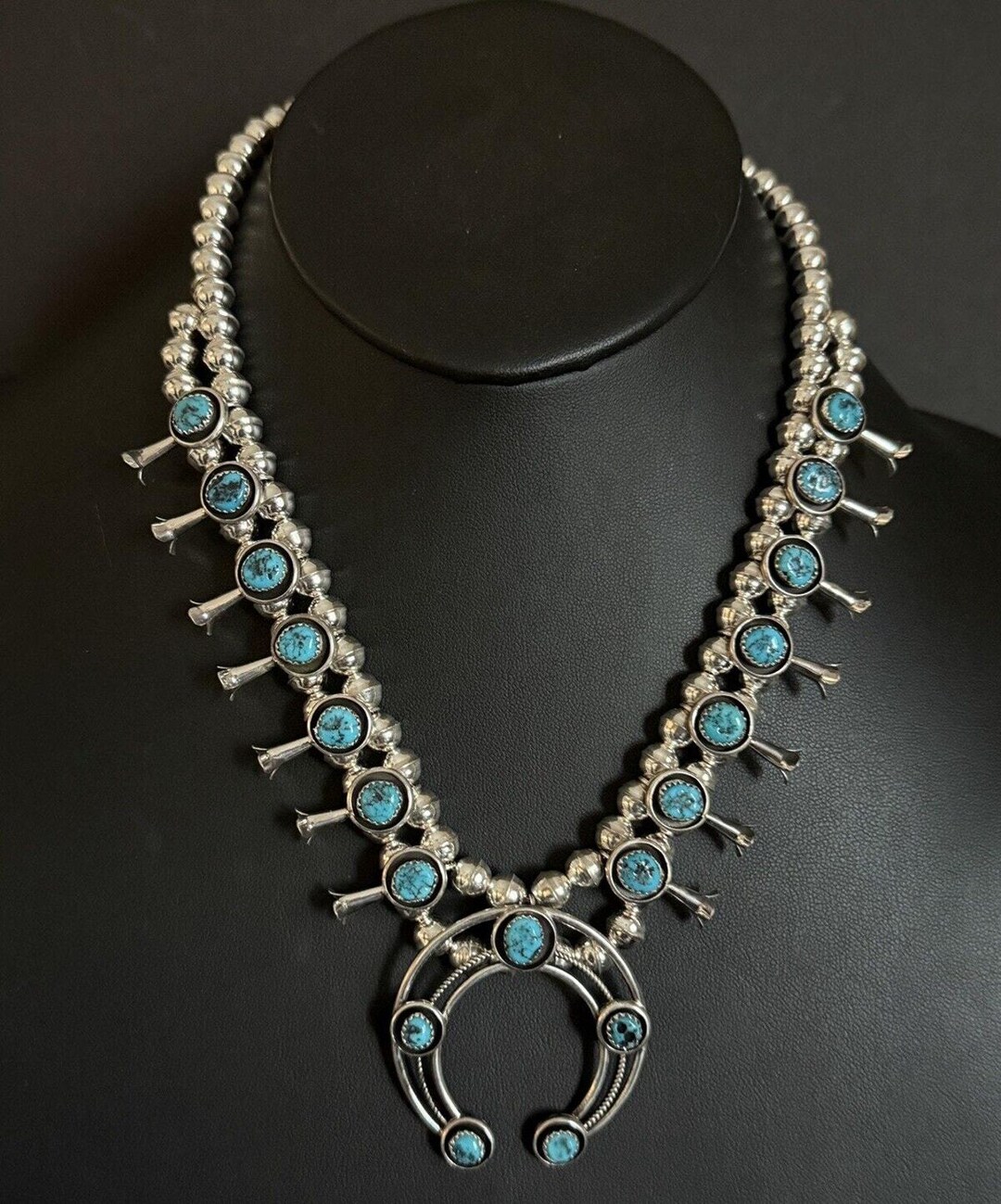 Mini Squash Blossom Sterling Silver Blue Turquoise Shadow Box Necklace ...