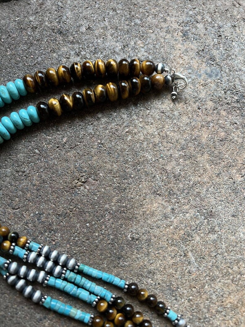 Sterling Silver Multi Strand Blue Turquoise Tigers Eye Bead - Etsy