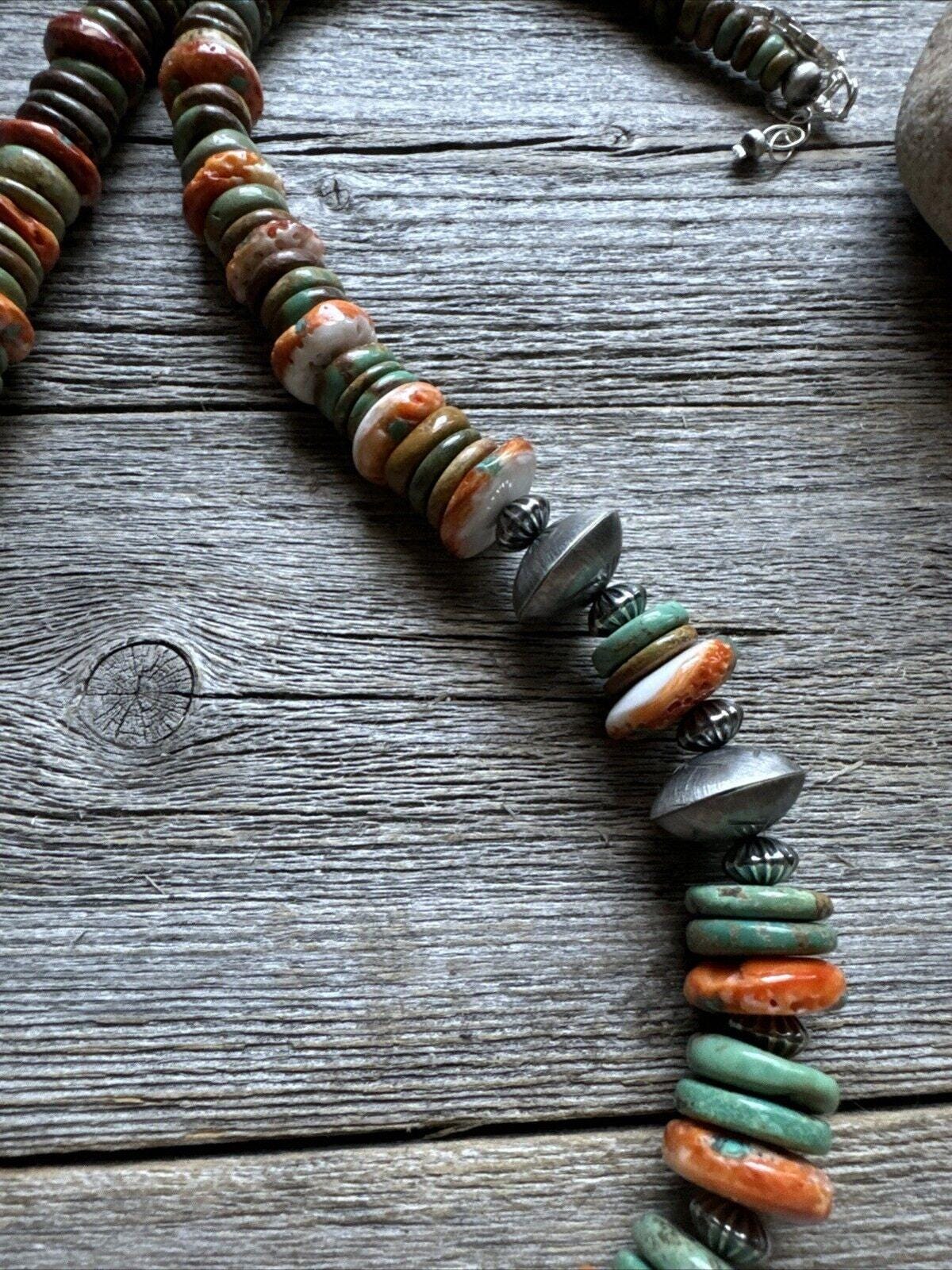 Sterling Silver Green Turquoise Spiny Oyster Multi Stone Bead Necklace ...