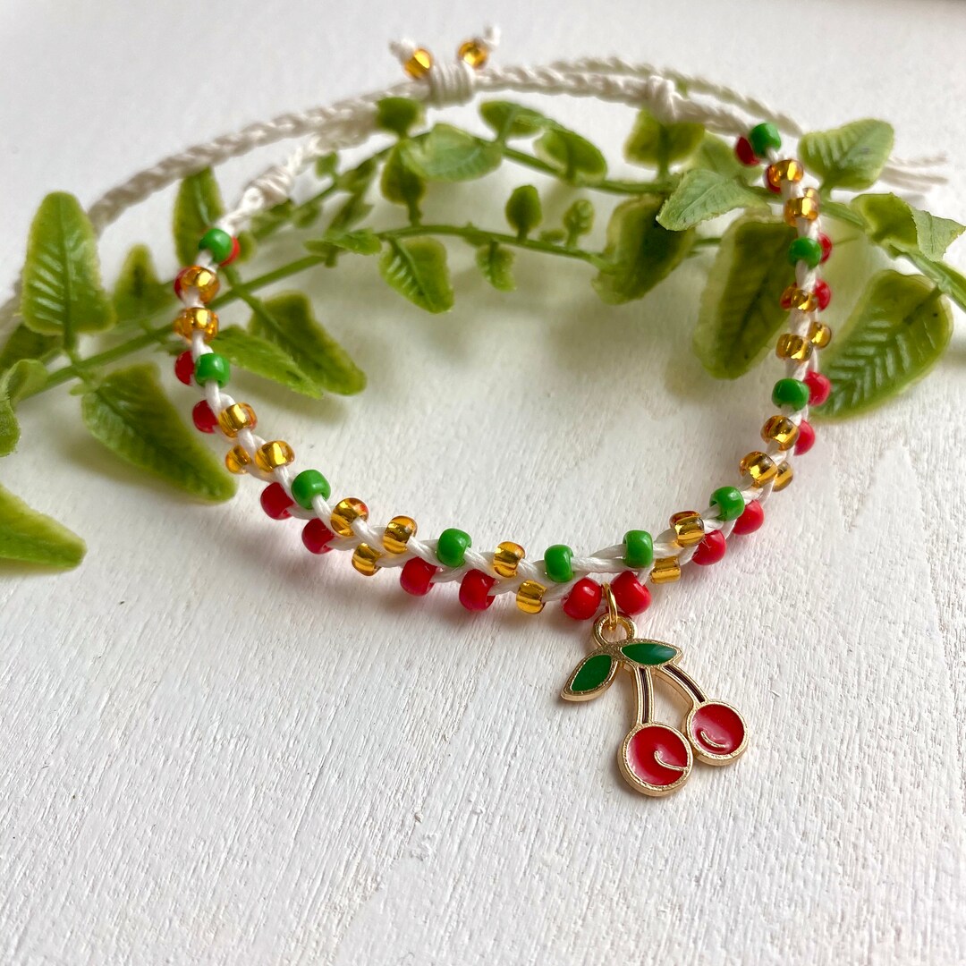 Cherry Fruit Charm Anklet Beaded Braided Hemp Anklet Adjustable Boho ...