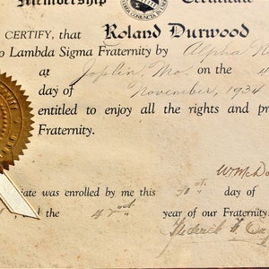 1934 Lambda Sigma Fraternity + 1934 Fraternity Membership Certificate ...