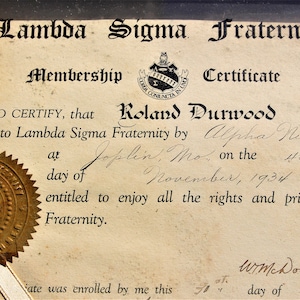 1934 Lambda Sigma Fraternity + 1934 Fraternity Membership Certificate ...
