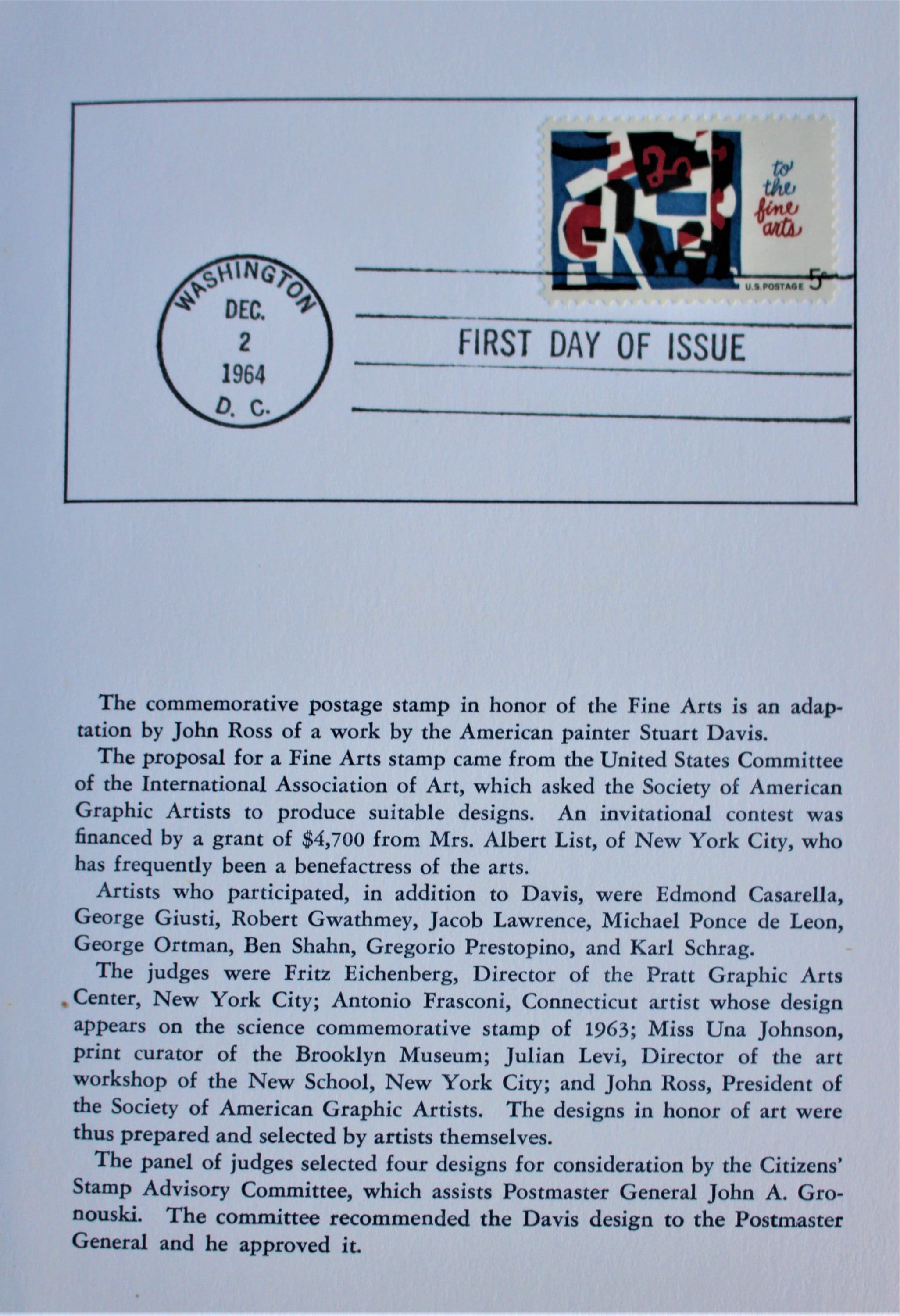 1964 Fine Arts Commemorative Stamp Ceremony Program + 1st Day Issue ...