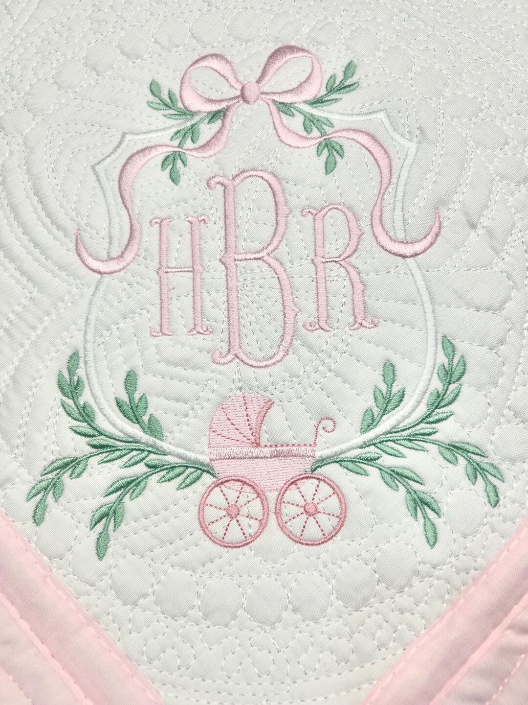 Monogrammed Baby Quilt: Embroidered Heirloom, Carriage, Vines and Bow ...