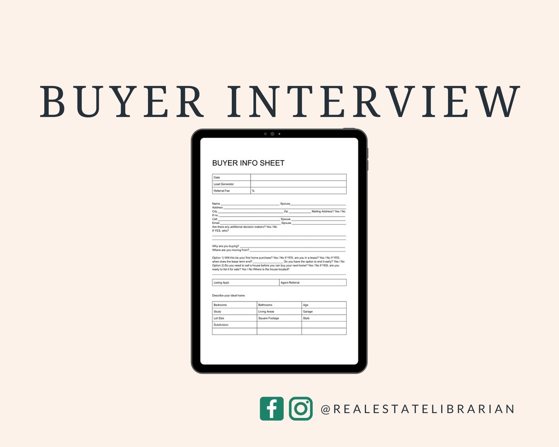 Real Estate Buyer Interview Sheet Real Estate Marketing | Etsy