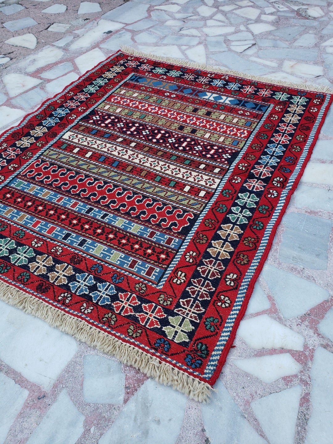 Vintage Kurdish 3'6" X 4'5" Ft Soumak Rug, Tribal Nomadic Kilim Organic ...
