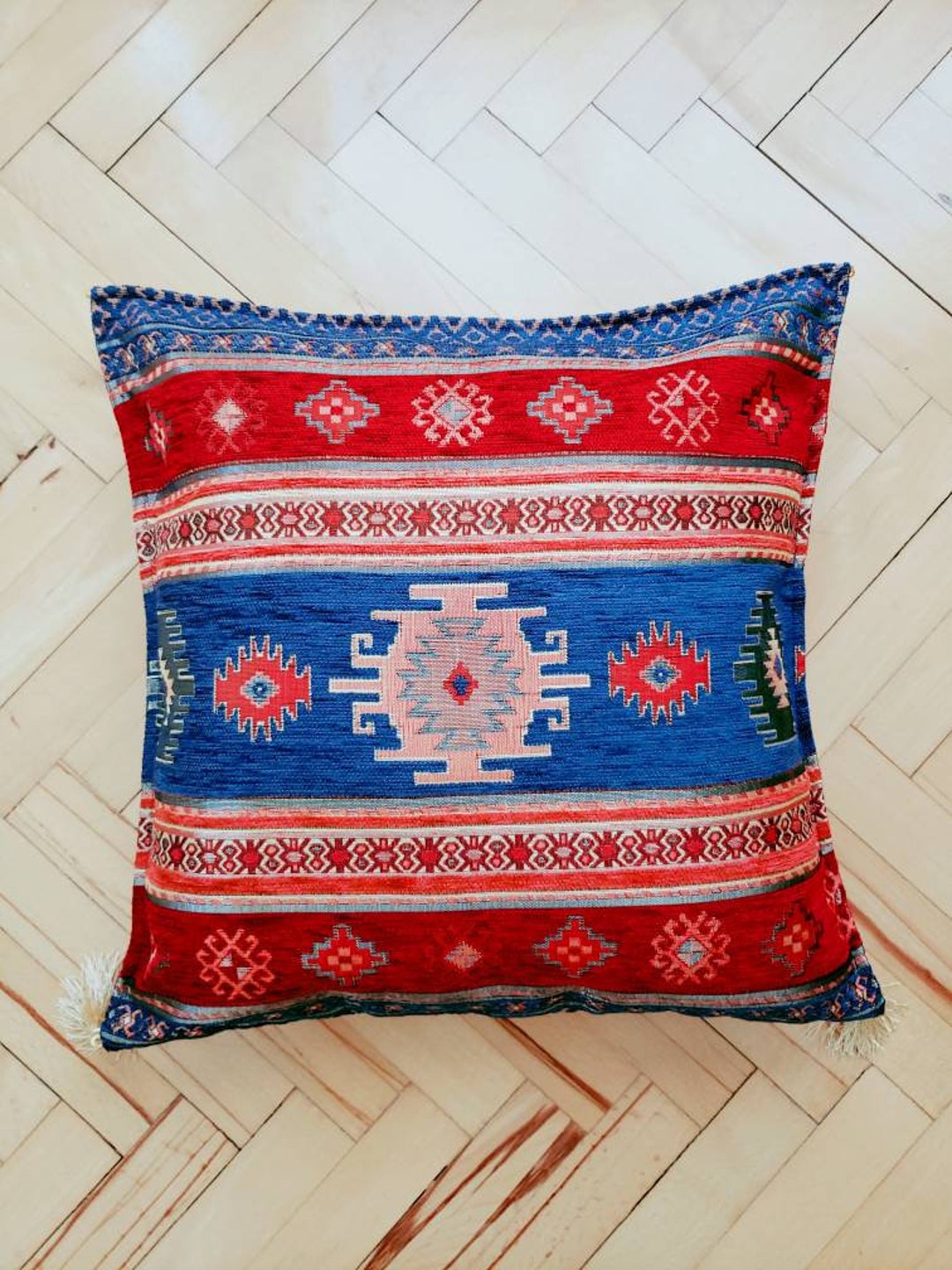 Boho Red Pillow | 17x17 Inches Blue Southwestern Cushion Cover ...