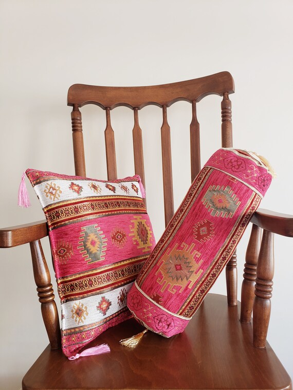 Pink Pillow Cover Set Neck Roll Pillow Southwestern Decor - Etsy