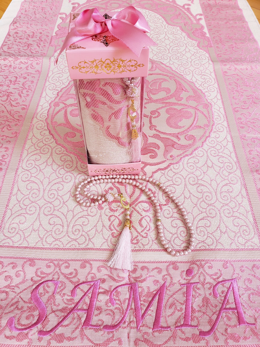 Pink Color Personalized Prayer Mat, Eid Gifts, Islamic Gift Set, Prayer ...