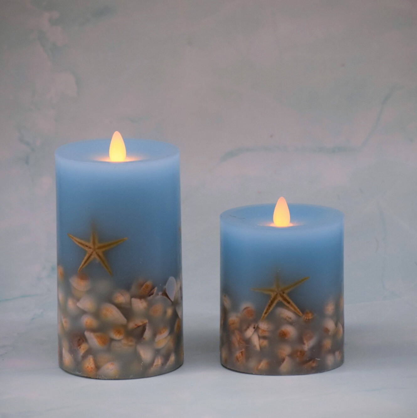 Flameless Candle Flickering real Blue Seashell LED Pillar - Etsy UK