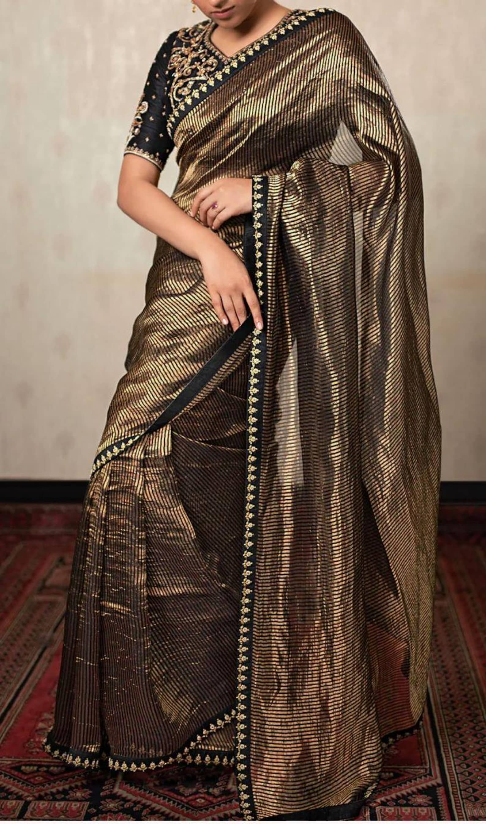Metallic Gold and Silver Chanderi Handloom Pure Tissue Silk Saree ...