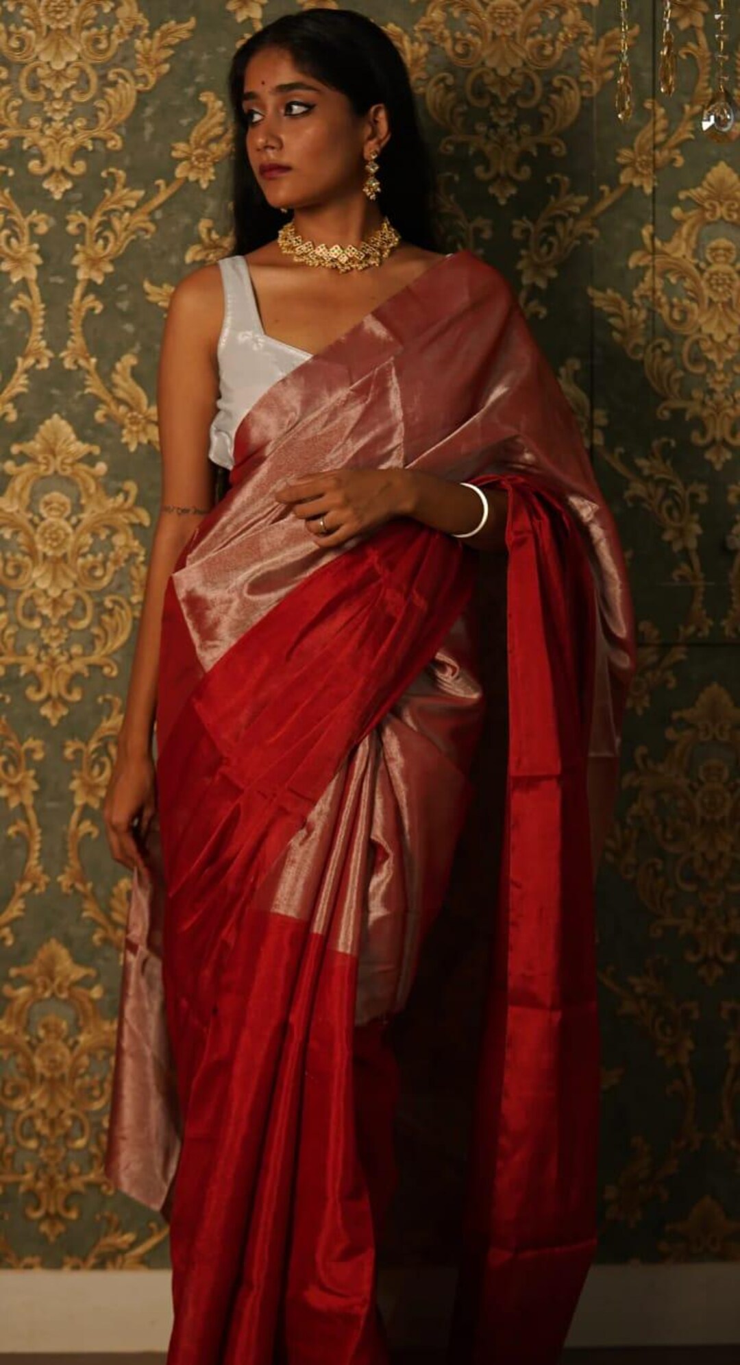 Metallic Red and Silver Chanderi Handloom Pure Tissue Silk Saree , Pure ...