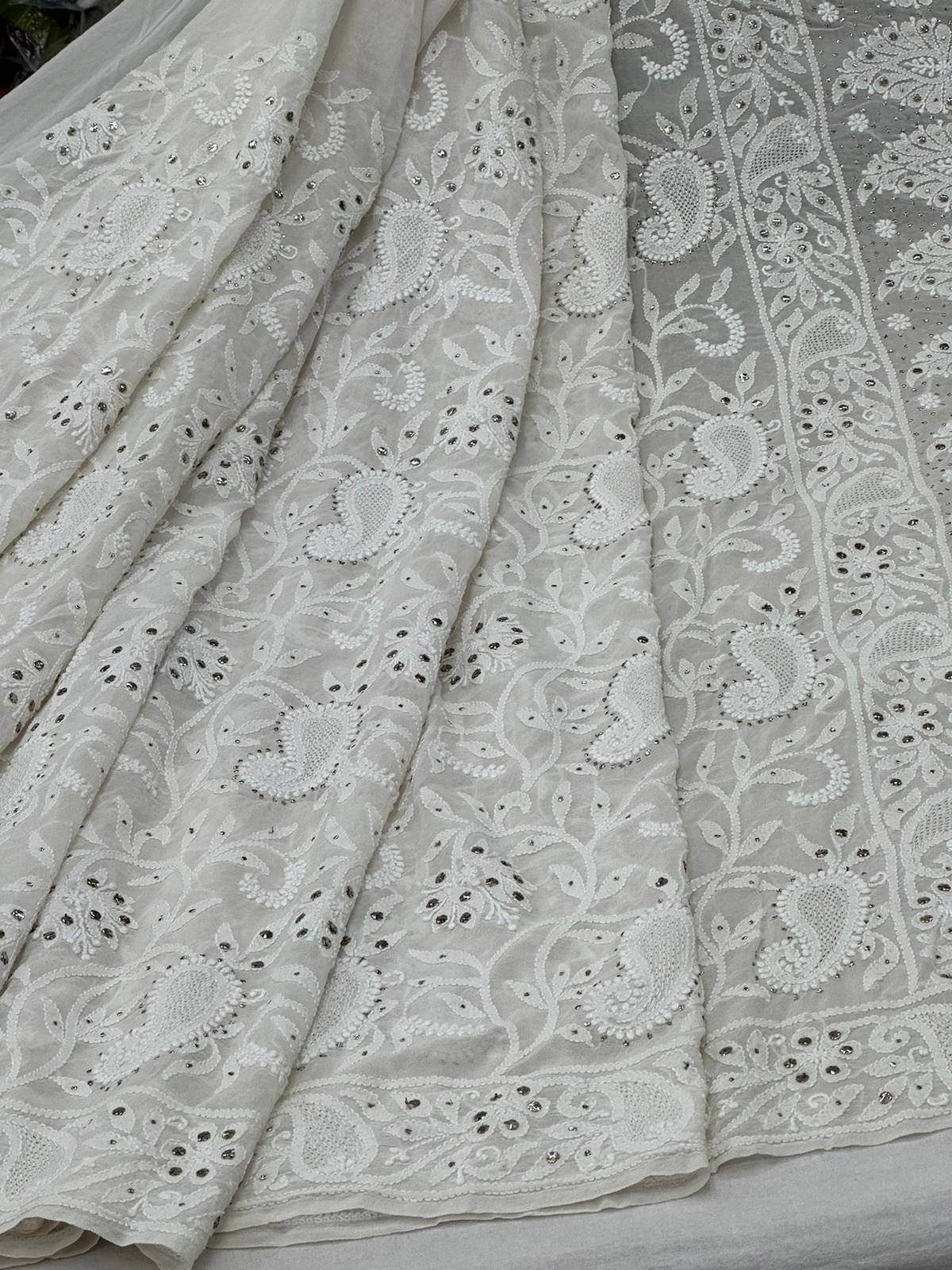 Authentic Handmade Chikankari Saree Pure Georgette Kamdani Chikankari ...