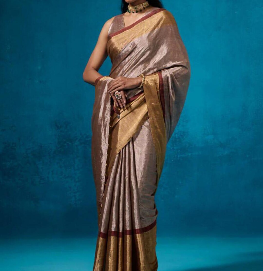 Metallic Gold and Silver Chanderi Handloom Pure Tissue Silk Saree ...