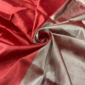 Metallic Red and Silver Chanderi Handloom Pure Tissue Silk Saree , Pure ...