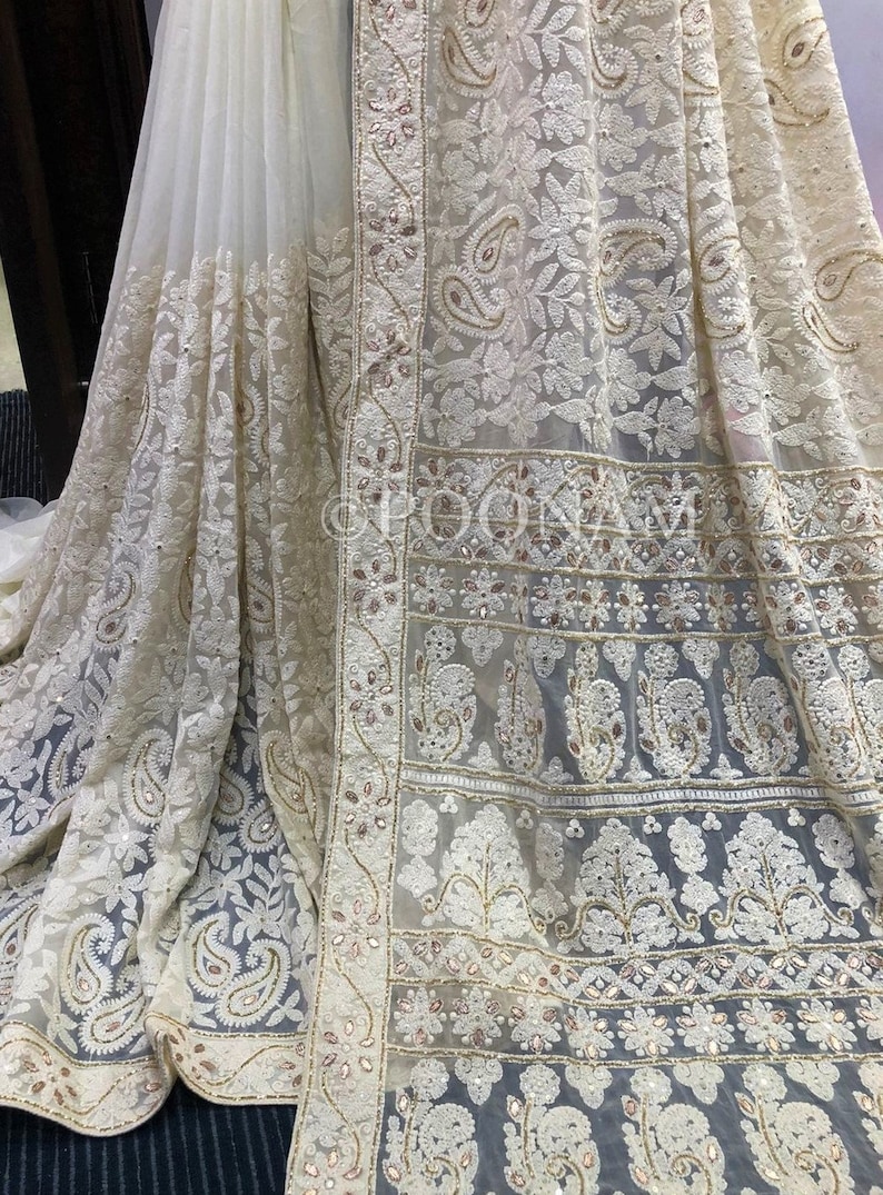 Handmade Ivory Chikankari Saree | Pure Georgette Chikankari Saree ...