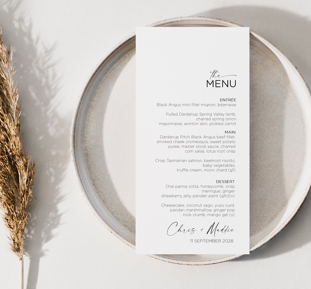 Printed Custom Wedding Menus for Reception Guests, Simple Menus ...