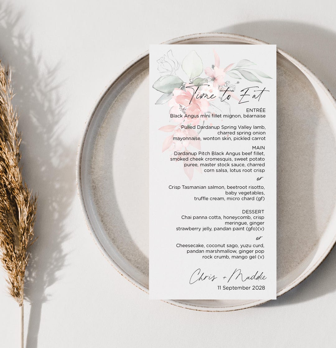 Printed Custom Wedding Menus for Reception Guests, Elegant Pink Floral ...