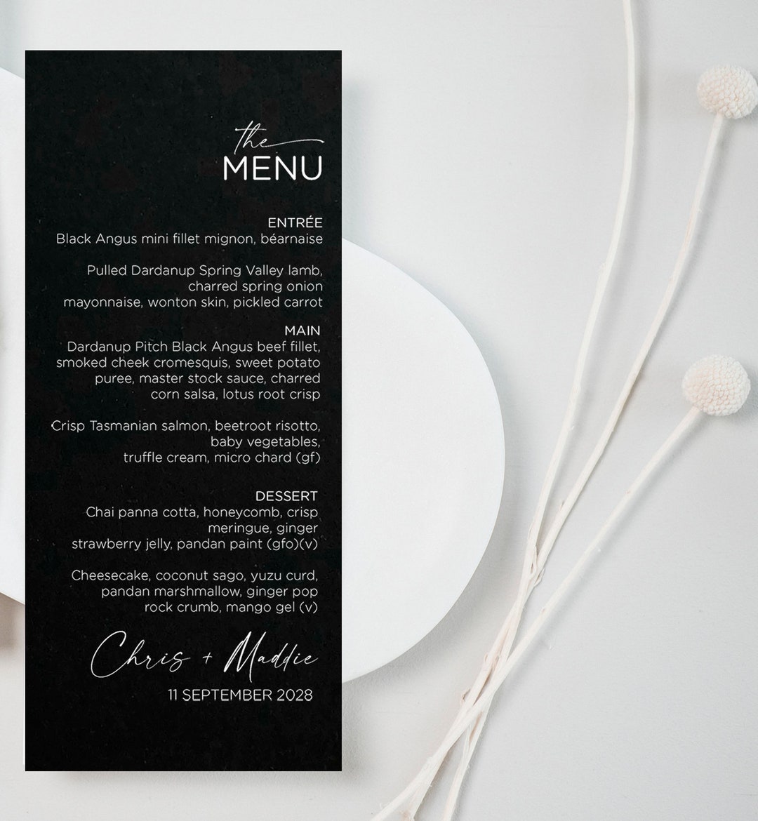 White Ink Printed Custom Wedding Menus for Reception Guests, Simple ...