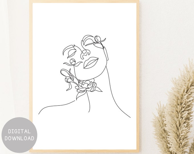 Abstract Floral Woman Line Art Poster, Minimalist Female Line Drawing ...