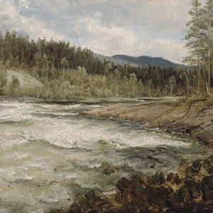Rustic River Landscape Painting, Vintage Mountain Art Print, Forest ...