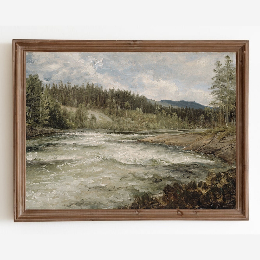 Rustic River Landscape Painting, Vintage Mountain Art Print, Forest ...