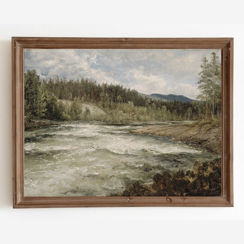Rustic River Landscape Painting Vintage Mountain Art Print - Etsy