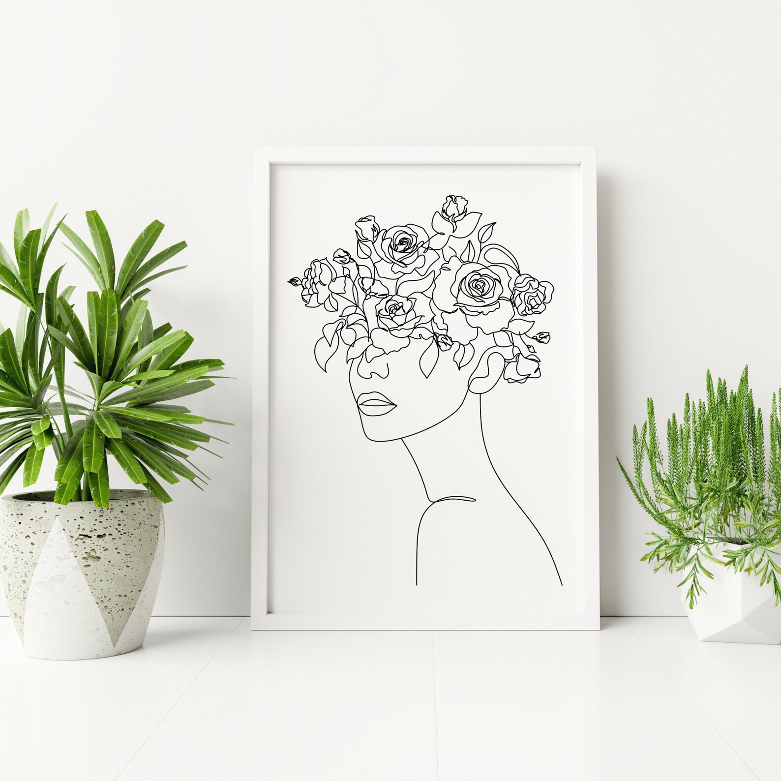 Woman One Line Drawing Head of Flowers Art Print Female Line - Etsy