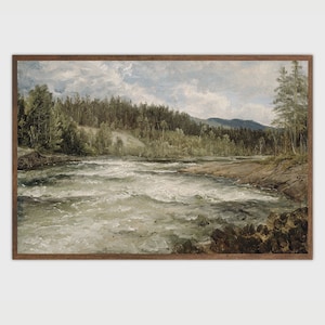 Rustic River Landscape Painting, Vintage Mountain Art Print, Forest ...