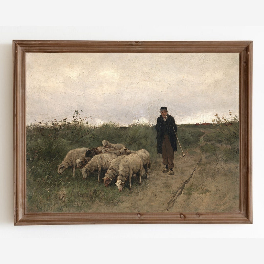 Shepherd and Sheep Painting, Farm Animal Print, Vintage Farmhouse Decor ...