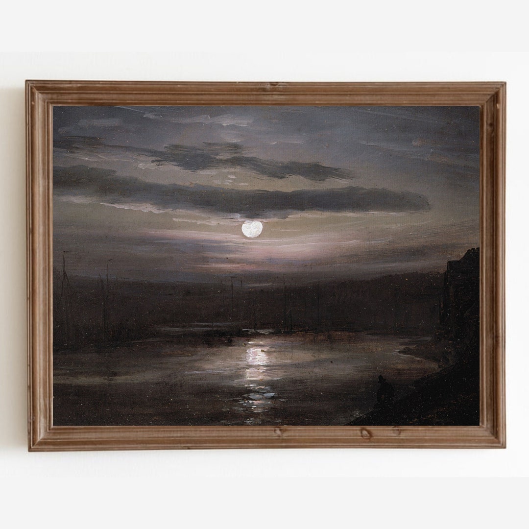 Moonlight Landscape Painting, Vintage Moody Print, Night Painting, Dark ...