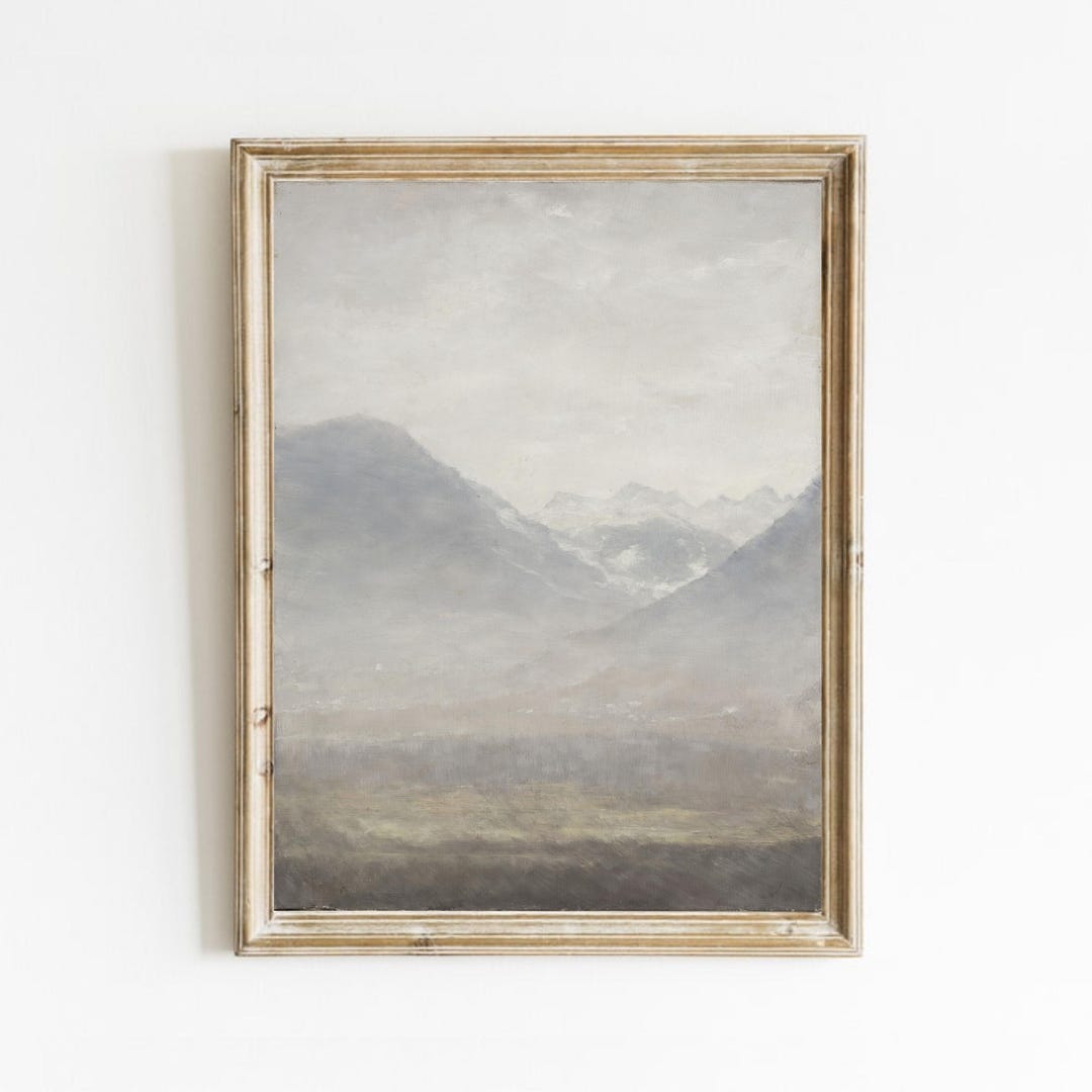 Hazy Mountain Valley Landscape Painting, Vintage Neutral Artwork ...